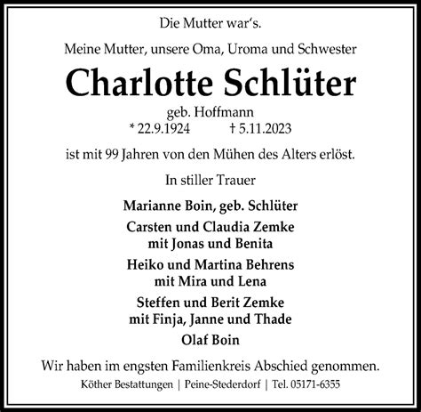 Traueranzeigen von Charlotte Schlüter trauer anzeigen de