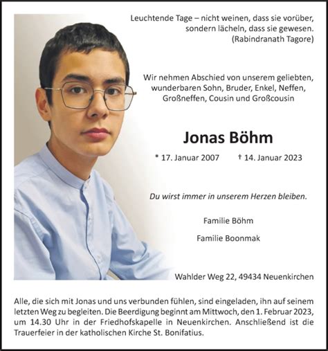 Traueranzeigen von Jonas Böhm om trauer de