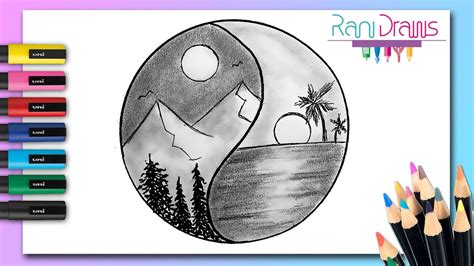 Cómo dibujar un Paisaje de DIA Y NOCHE con lápiz ideas de paisajes