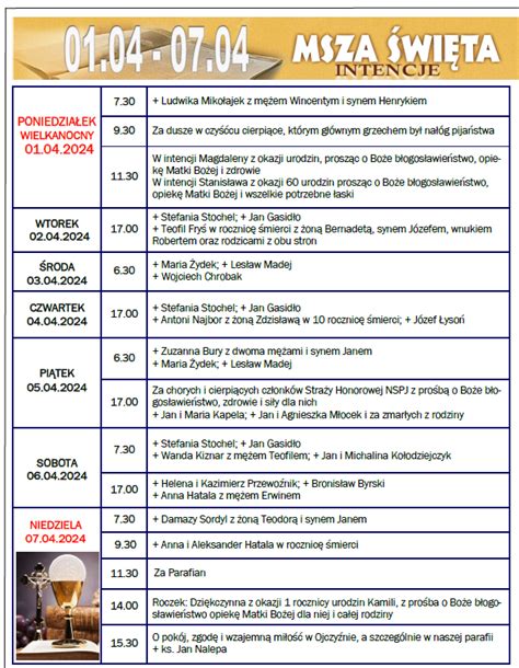 Intencje Mszy św od 01 04 07 04 2024 Parafia Rzyki