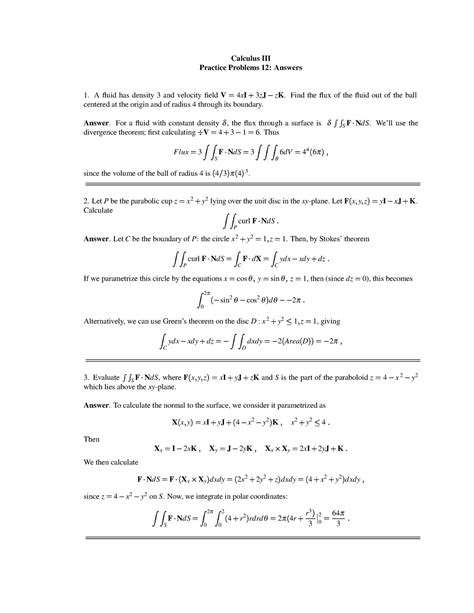 probs 12ans vector calculus calculus iii practice problems 12 answers 1 a fluid has