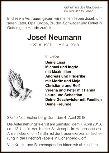 Traueranzeigen Von Josef Neumann Trauer HNA De