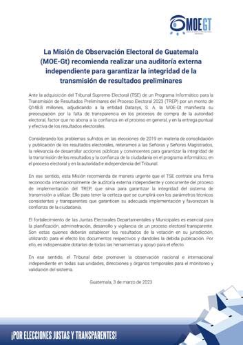 Comunicado La Misión de Observación Electoral de Guatemala MOE Gt
