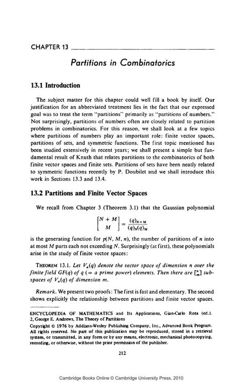 partitions in combinatorics chapter 13 the theory of partitions