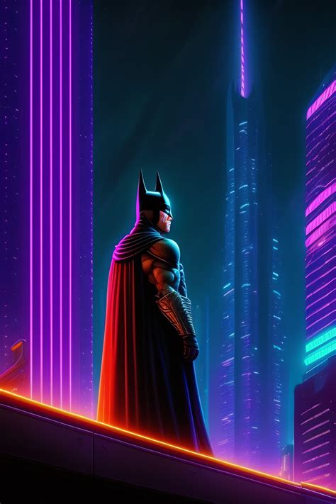 Lexica A Futuristic Batman Sitting On A Roof Looking Down At A Neon