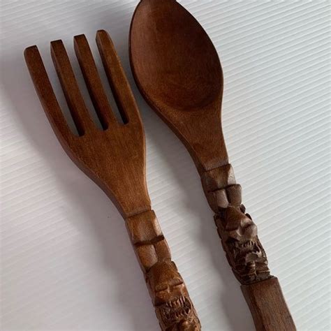 Retro Vintage Wooden Fork And Spoon Wall Decor Tiki Totem Carved Wood