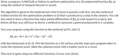 write a program in matlab or python to perform optimization of a 2d polynomial function f x y