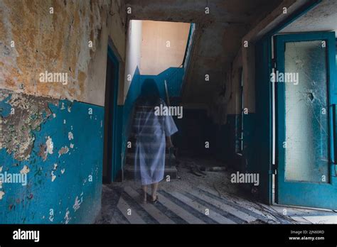 Ghost In Abandoned Haunted House Horror Scene Of Scary Spirit Of A