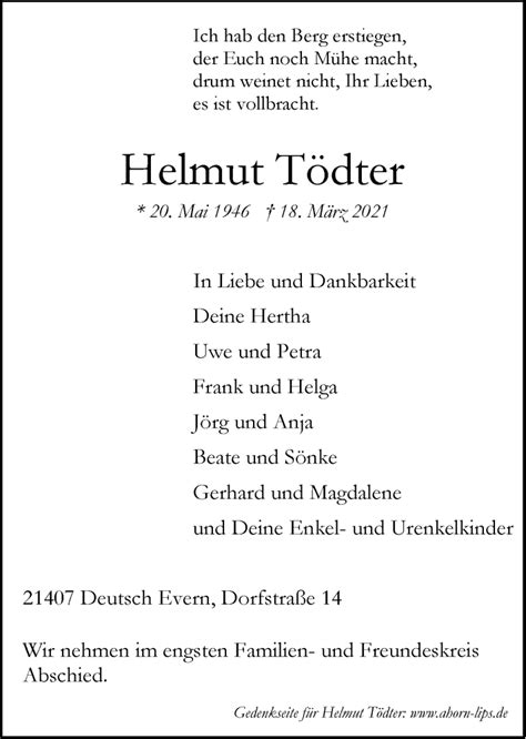 Traueranzeigen von Helmut Tödter Trauer Lüneburg de