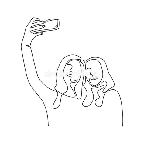 Continuo Dibujo De Una Línea De Dos Chicas Tomando Una Foto Con Un