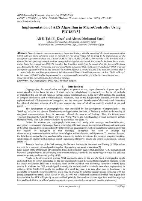 pdf implementation of aes algorithm in microcontroller using pic18f452