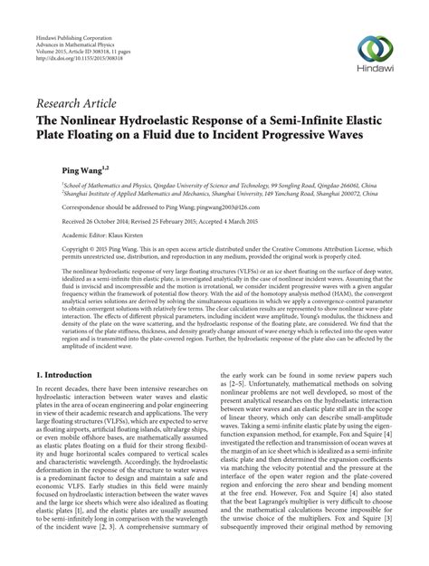 pdf the nonlinear hydroelastic response of a semi infinite elastic plate floating on a fluid