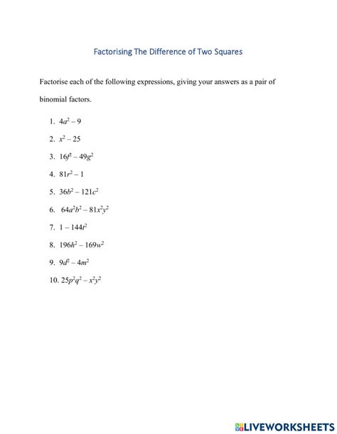Factoring Difference Of Two Squares Worksheet Factorworksheets