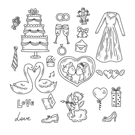 Doodle coleção de elementos de casamento Vetor Premium