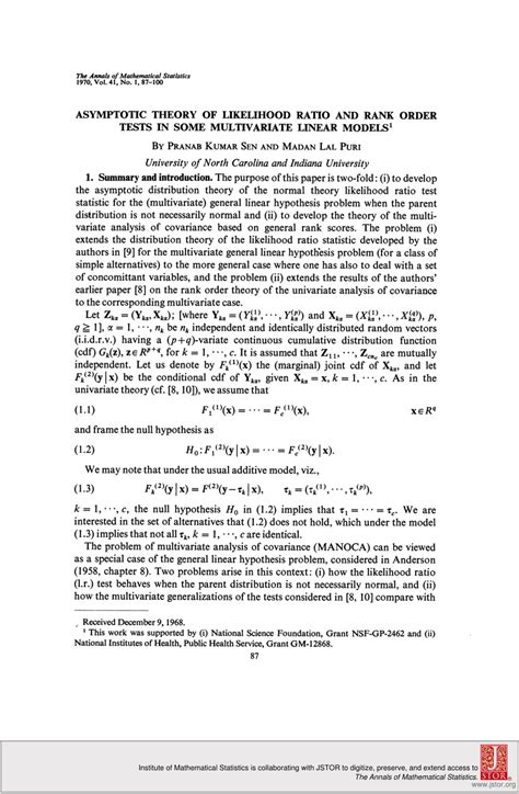 pdf asymptotic theory of likelihood ratio and rank order tests in some multivariate linear models