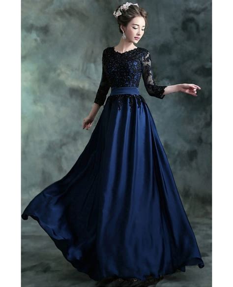 169 00 Navy Blue Long Formal Evening Dress With 3 4 Lace Beaded