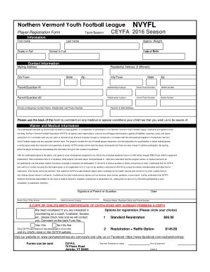 Fillable Online Huntingtonvt CEYFA 2016 Youth Football Registration