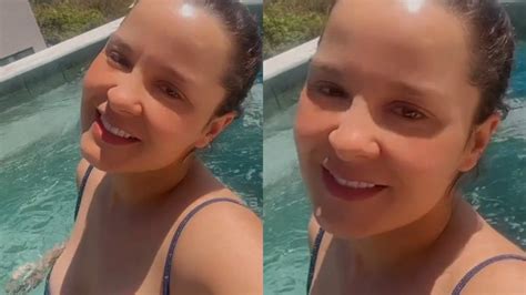Maiara abusa de decote em biquíni mínimo e faz charme em vídeo