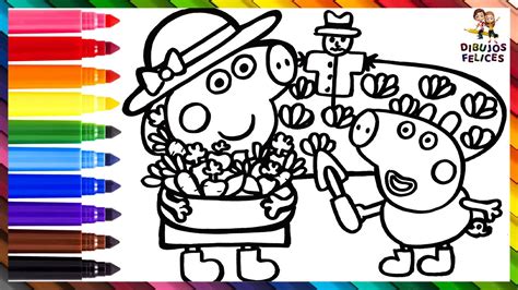 Dibuja y Colorea A Peppa Pig Y George Pig En El Jardín Dibujos Para Niños