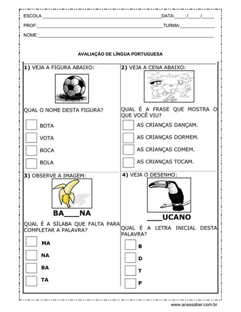 Avaliação de Português para 1 ano Moda Decor