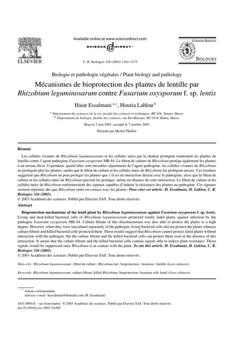 Pdf M Canismes De Bioprotection Des Plantes De Lentille Par Rhizobium