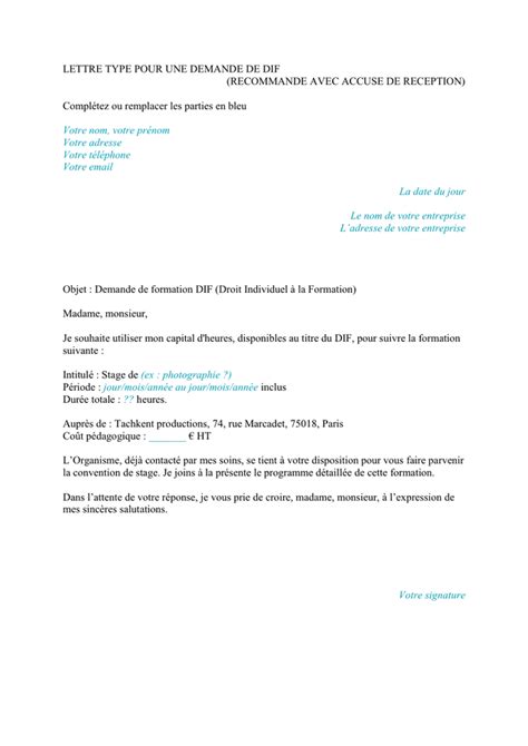 Modelé de demande de dif téléchargement gratuit documents PDF Word