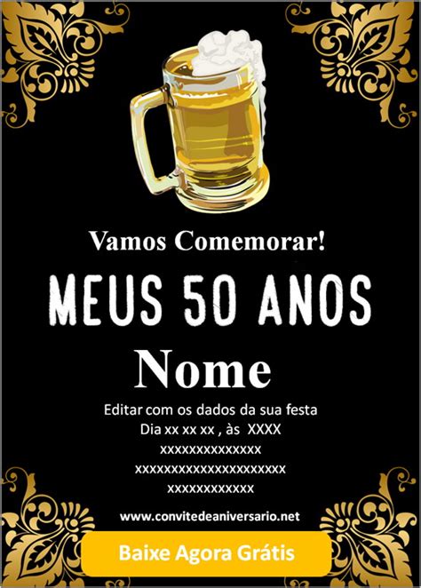 Convite 50 Anos de Aniversário Digital personalizado grátis para editar