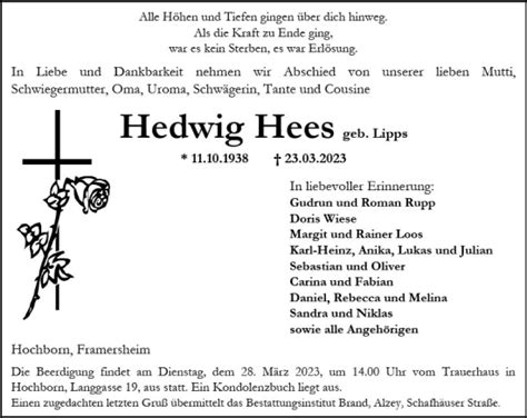 Traueranzeigen Von Hedwig Hees Vrm Trauer De