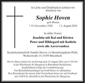 Traueranzeigen Von Sophie Hoven WirTrauern
