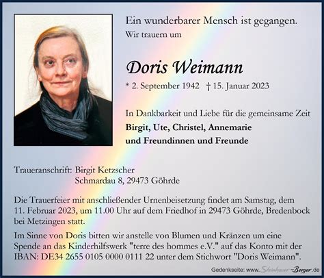 Das Trauerportal für Lüchow Dannenberg Todesanzeigen Doris Weimann