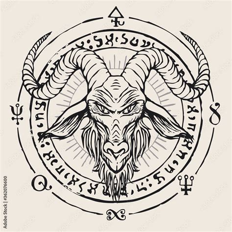 Hand Drawn Horned Goat Head On A Background Of Occult And Witchcraft