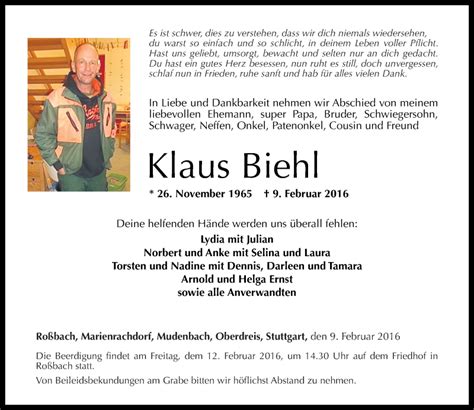 Traueranzeigen Von Klaus Biehl Rz Trauer De