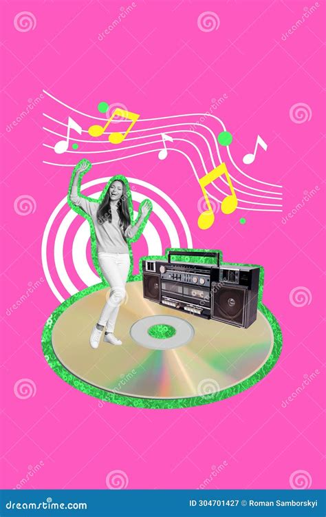 Vertical Picture Pop Collage Artwork Of Funky Lady Clubbing Raised