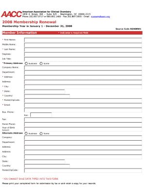 Fillable Online Aacc 2009 AACC Renewal Membership Form American