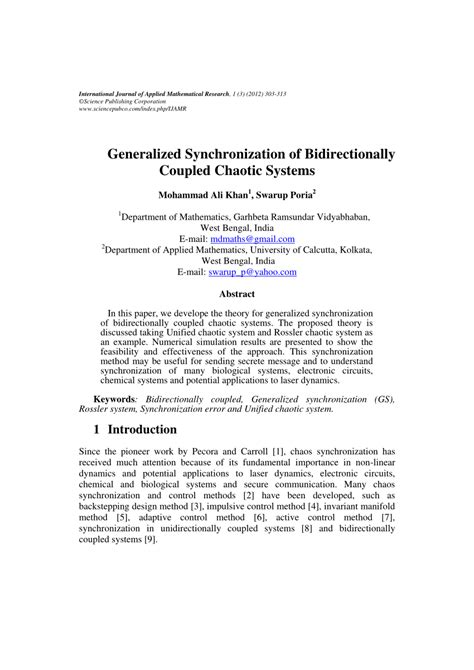 pdf generalized synchronization of bidirectionally coupled chaotic systems