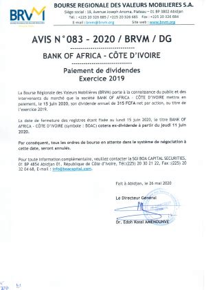 Avis N Brvm Dg Paiement De Dividendes Exercice Bank