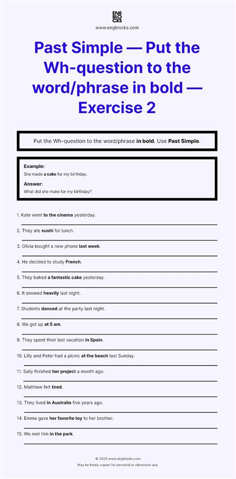 Past Simple Put The Wh Question To The Word Phrase In Bold Exercise