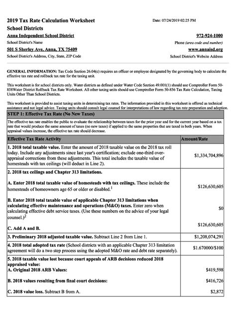 Fillable Online 2019 Tax Rate Calculation Worksheet School Districts