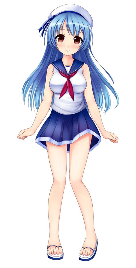 Safebooru 1girl Arms At Sides Blue Hair Blue Skirt Blush Breasts Brown Eyes Full Body Hat Long