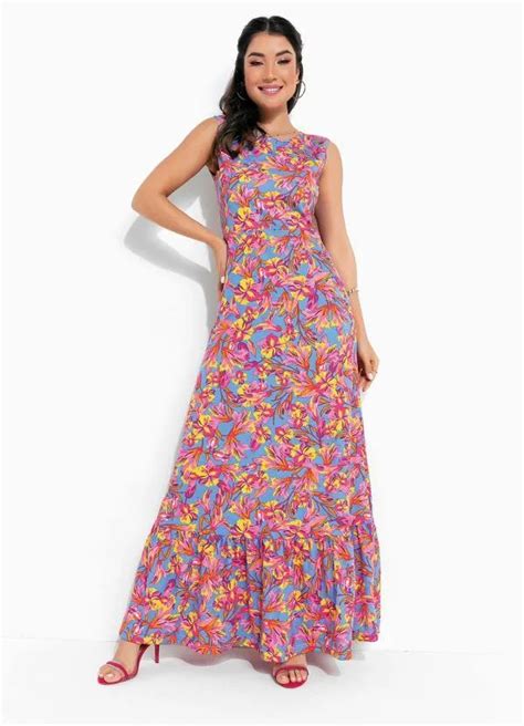 Rosalie Vestido Longo Floral Azul Moda Evangélica Escorrega o Preço