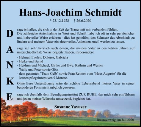 Traueranzeigen Von Hans Joachim Schmidt Trauer38 De