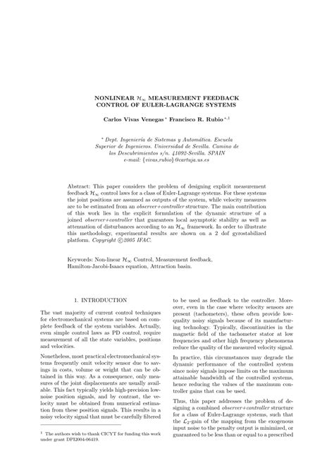 pdf nonlinear h∞ measurement feedback control of euler lagrange systems