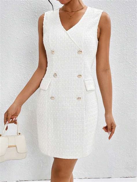SHEIN Essnce Vestido De Doble Botonadura Tweed Moda De Mujer SHEIN