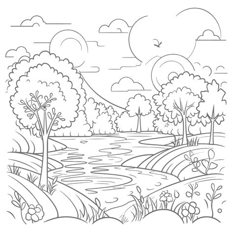 Dibujo De Paisaje Para Colorear Páginas Con árboles Y Un Bosquejo Del