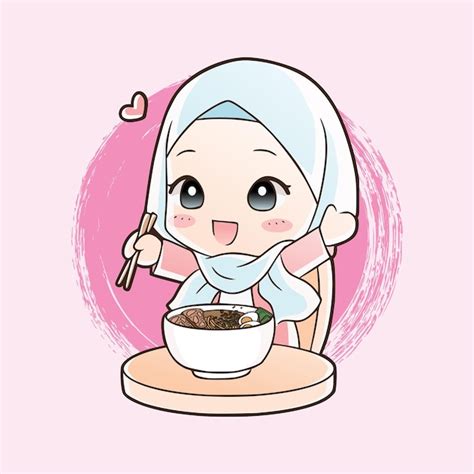 Cute Ragazza Musulmana Mangia Halal Ramen Noodles Cibo Disegnato A Mano