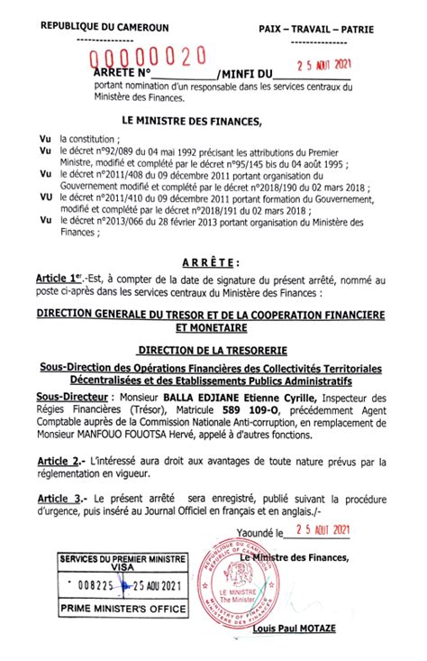 Arr T De Nomination La Dgtcfm Du Ao T Louis Paul Motaze