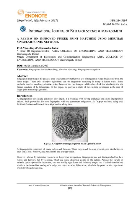 pdf a review on improved finger print matching using minutiae singular points network ijrms