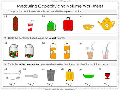 Measuring Capacity And Volume Worksheet Math 1st Grade
