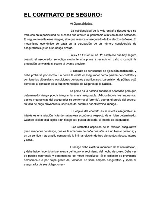 EL Contrato DE Seguro EL CONTRATO DE SEGURO A Generalidades La