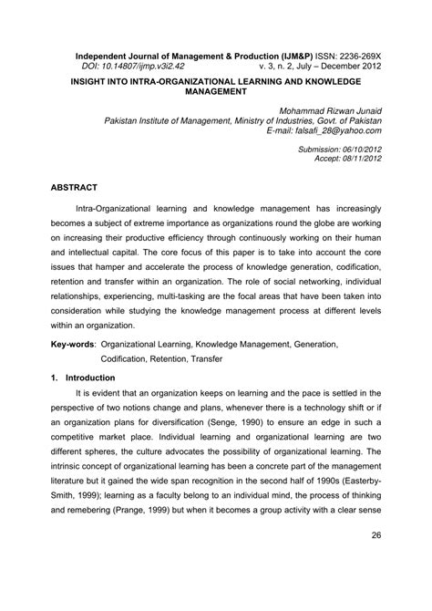 pdf insight into intra organizational learning and knowledge management